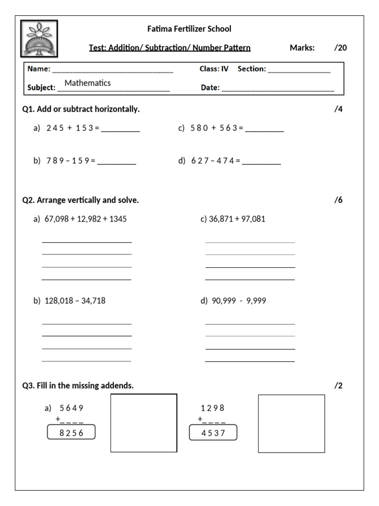 Test of Addition Subtraction and NP | PDF | Teaching Methods & Materials