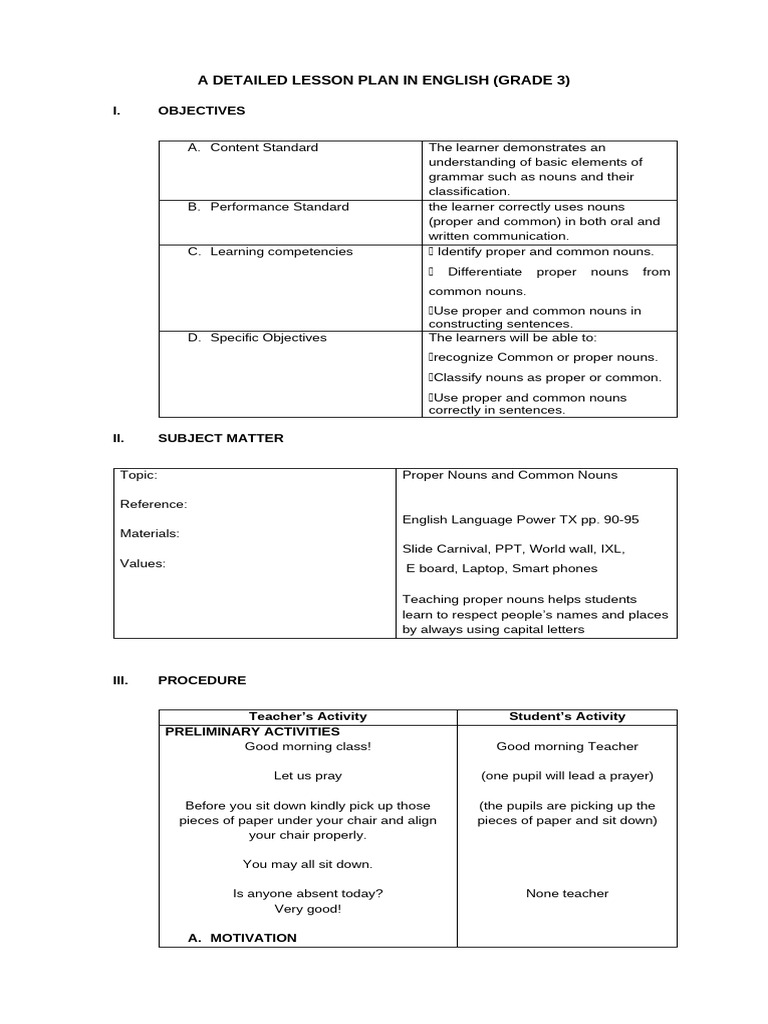 A Detailed Lesson Plan in English Proper Common Nouns | PDF | Lesson ...