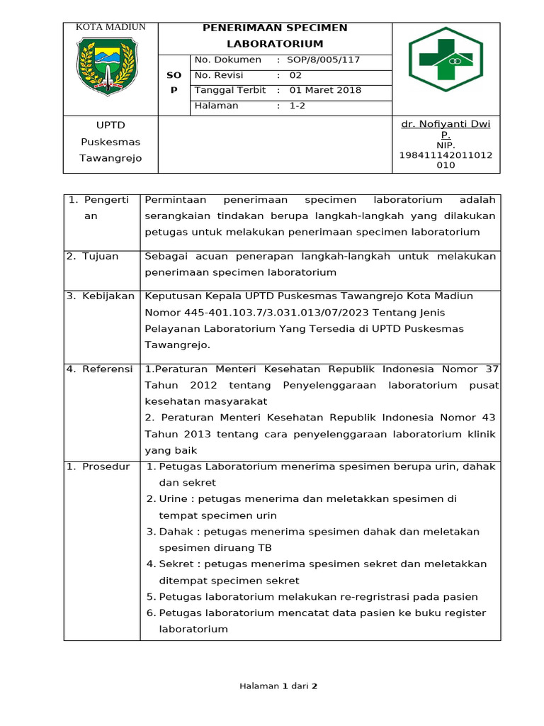 Prosedur Penerimaan Specimen Laboratorium | PDF