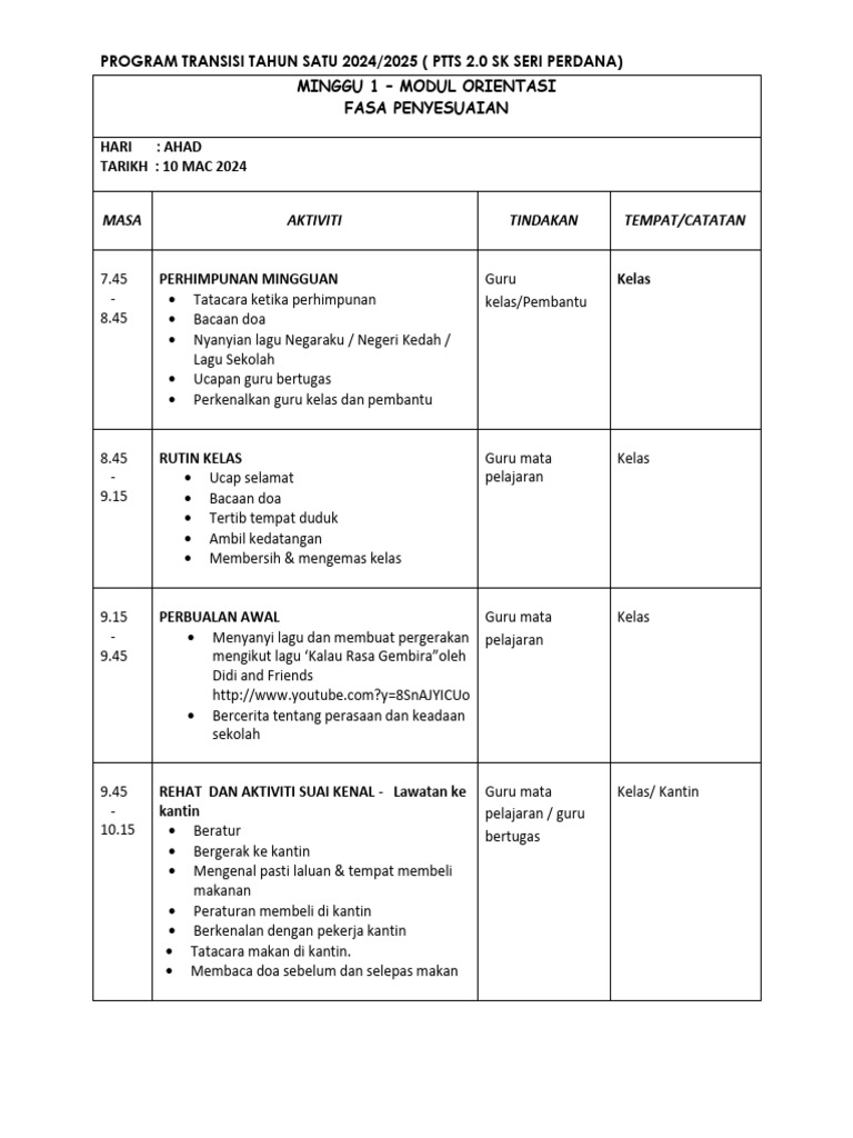 Jadual Transisi Minggu 1 2024 | PDF