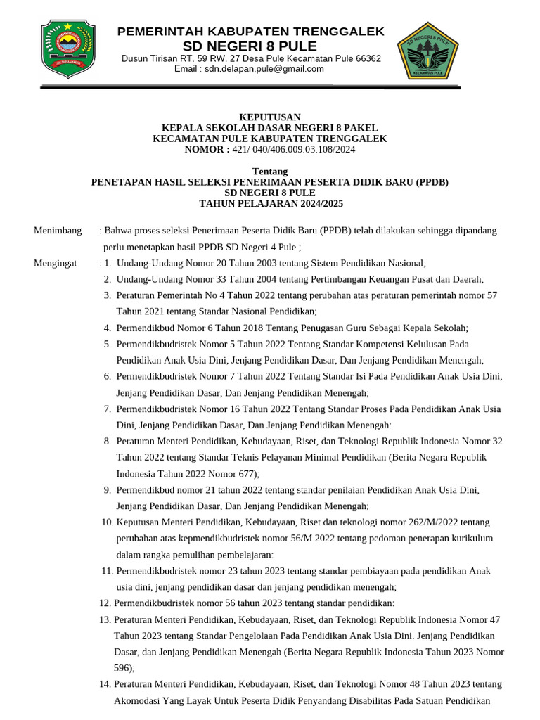 SK Pengumuman Hasil Penerimaan PPDB 2024-2025 | PDF