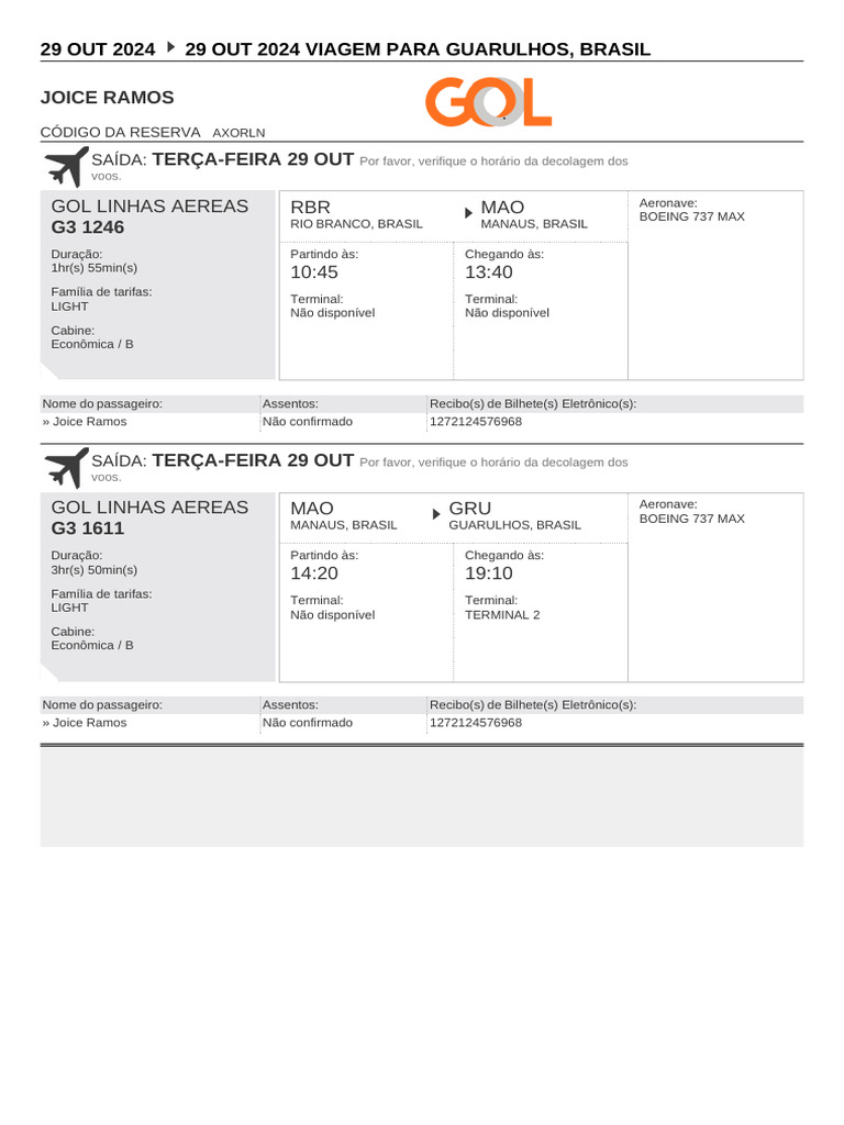 Reserva de Viagem 29 Outubro para JOICE RAMOS | PDF