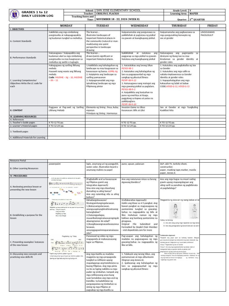 DLL - Mapeh 5 - Q2 - W8 | PDF