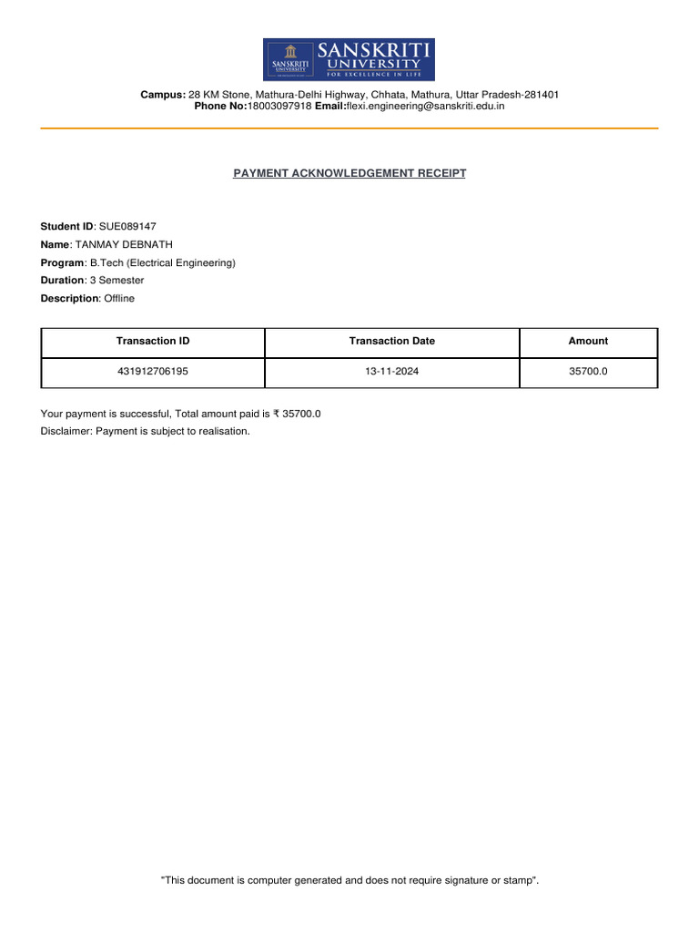Payment Receipt for B.Tech Student | PDF