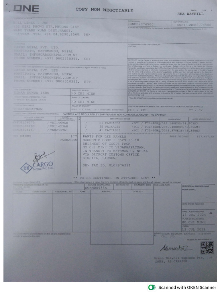 Cargo Nepal MBL 74500 | PDF