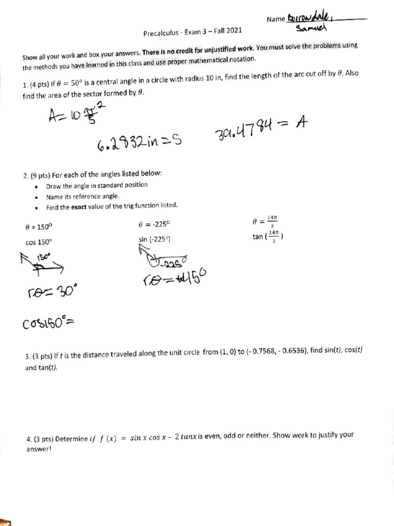 Exam | PDF | Trigonometric Functions | Trigonometry