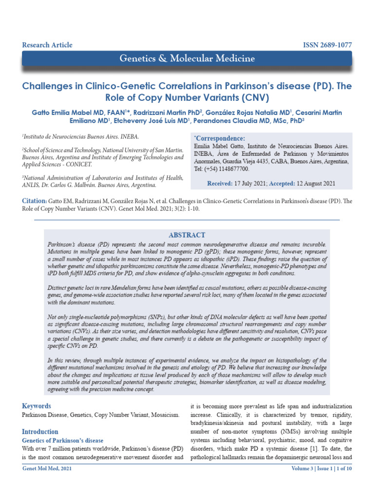 Challenges in Clinicogenetic Correlations in Parkinsons Disease PD The Role of Copy Number ...