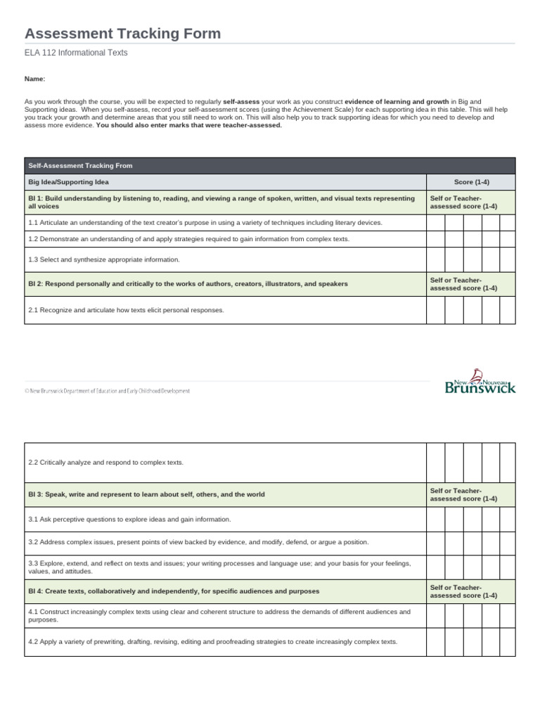 ELA 112 Self-Assessment Tracker | PDF | Psychological Concepts | Learning