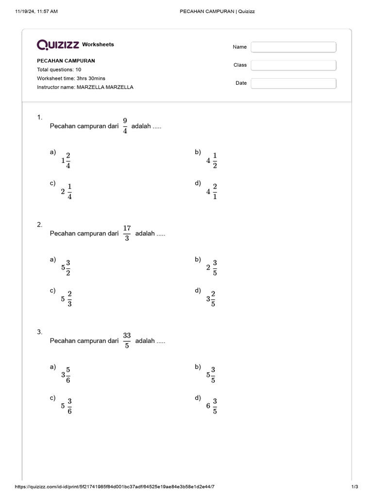 Quizizz - PECAHAN CAMPURAN | PDF