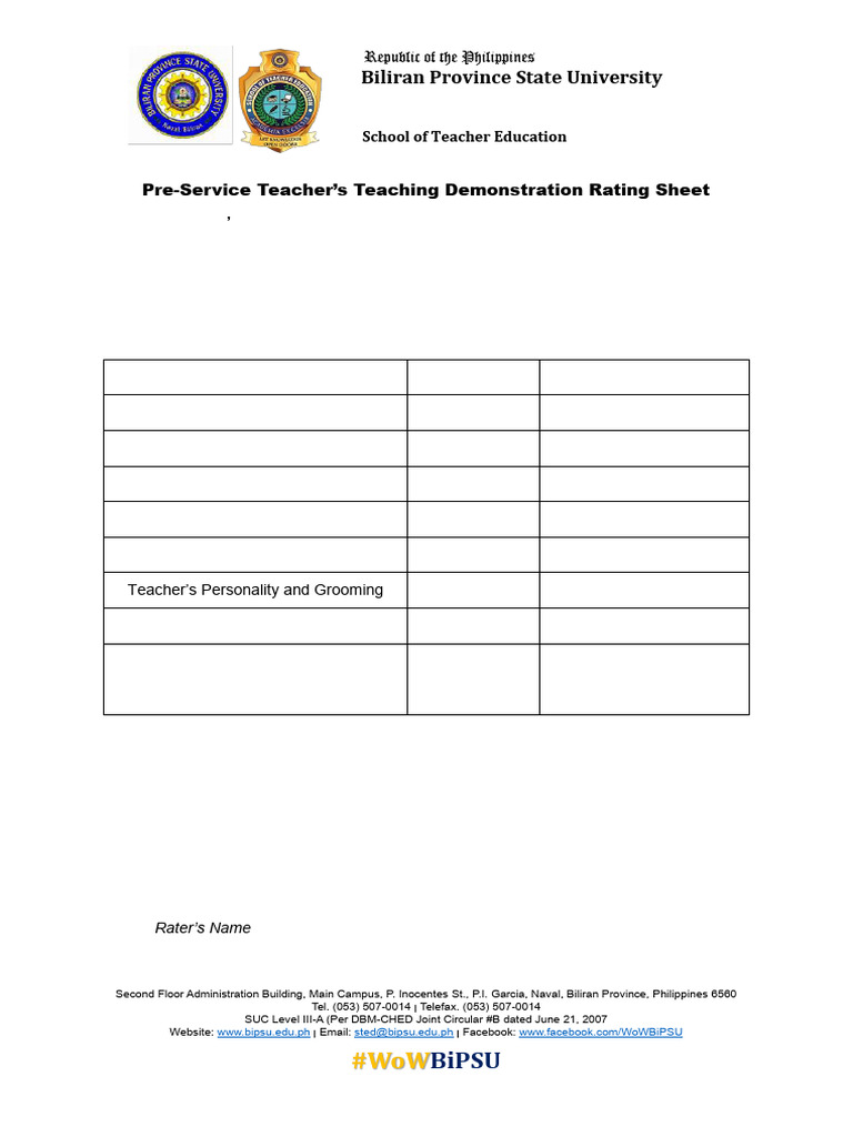 Teacher Demo Rating Sheet Template | PDF | Teachers | Learning