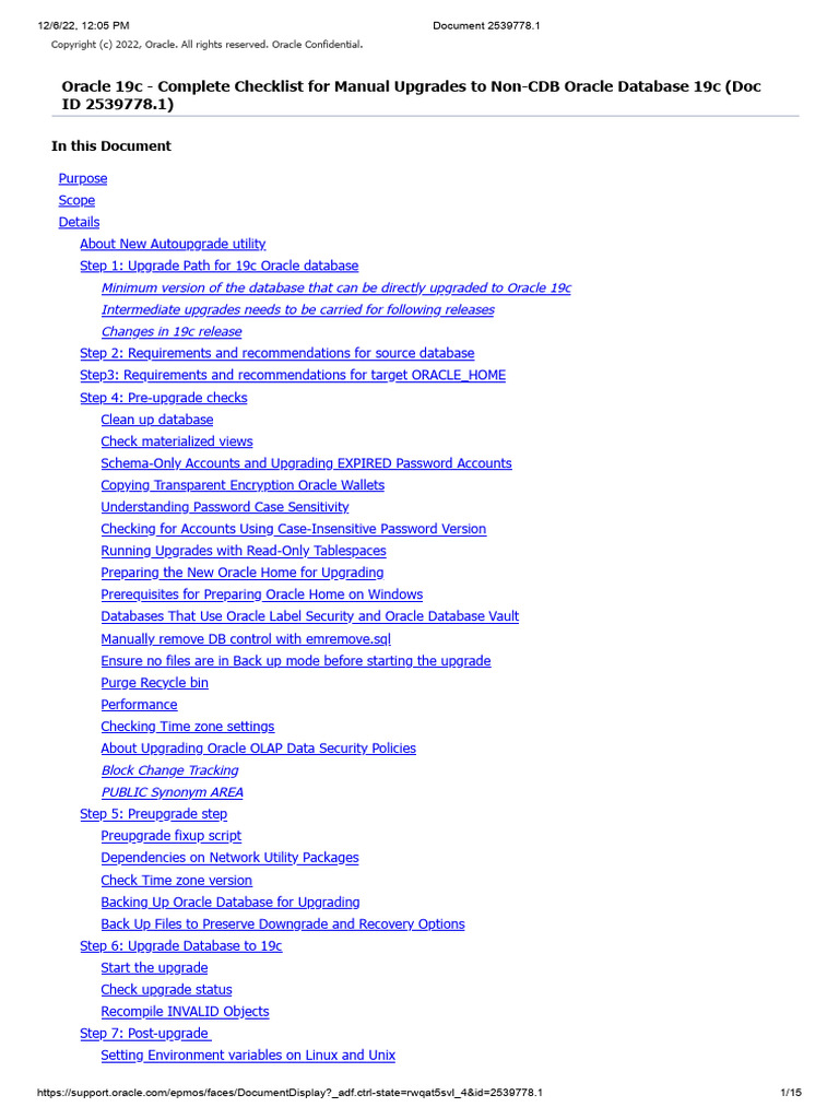 Document 2539778.1Upgradeto19C NON CDB | PDF | Databases | Sql