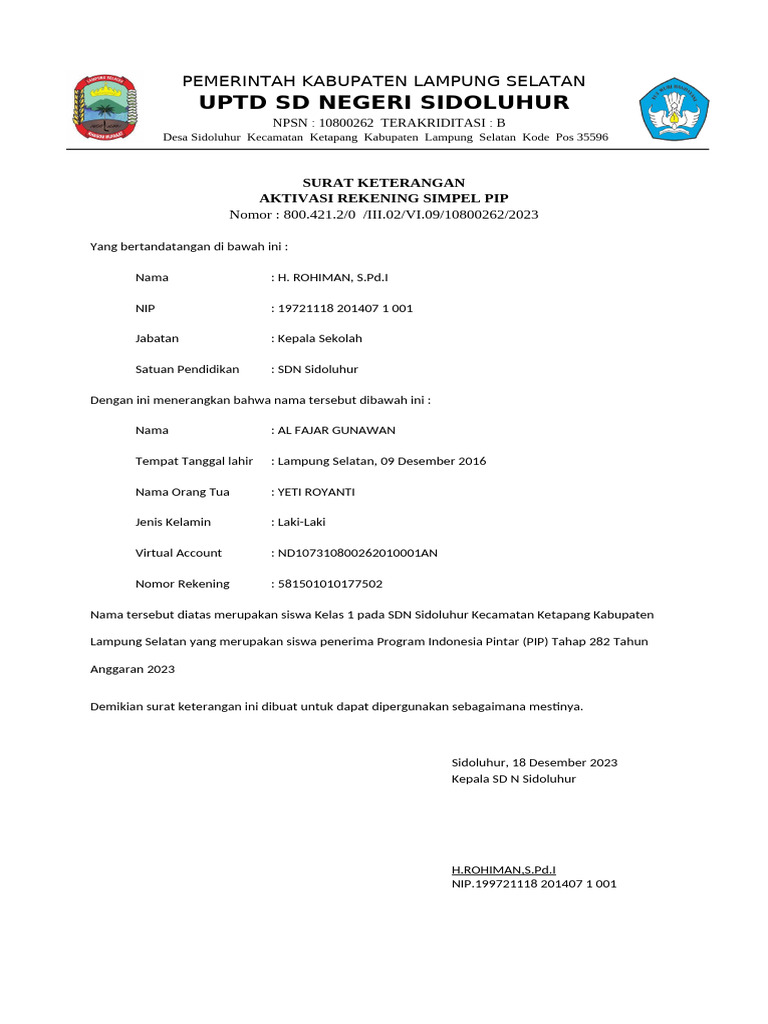 Surat Keterangan PIP | PDF | Gaya Hidup