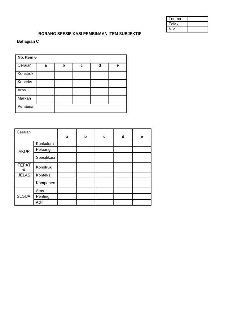 Borang Spesifikasi Pembinaan Item Subjektif (C6) | PDF