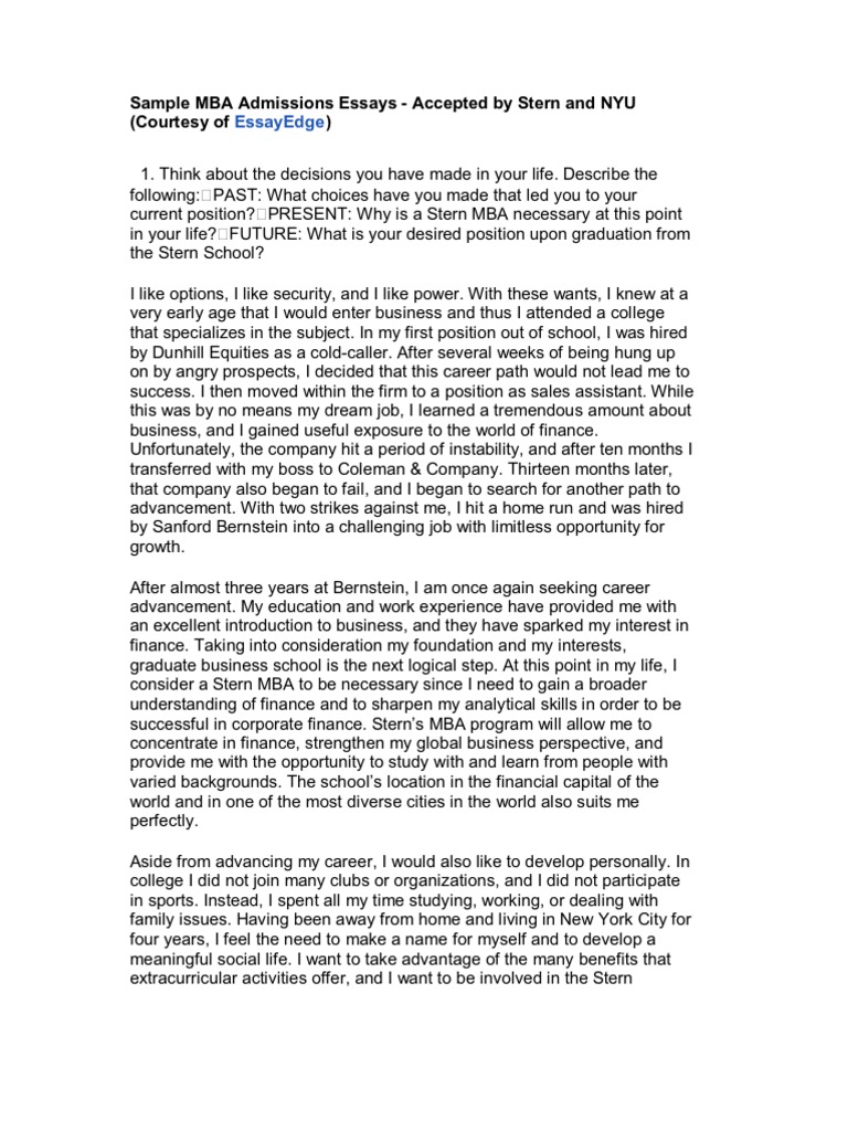 Sample MBA Admissions Essays | Master Of Business Administration ...