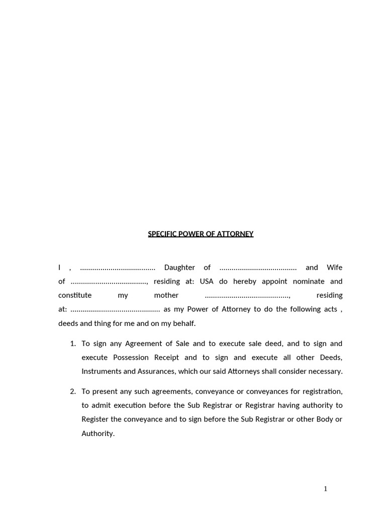 Specific Power of Attorney Document | PDF