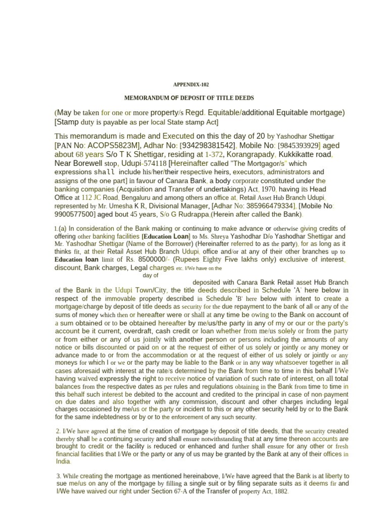 Yashodhar Mortgage Agreement Details | PDF | Banks | Mortgage Law