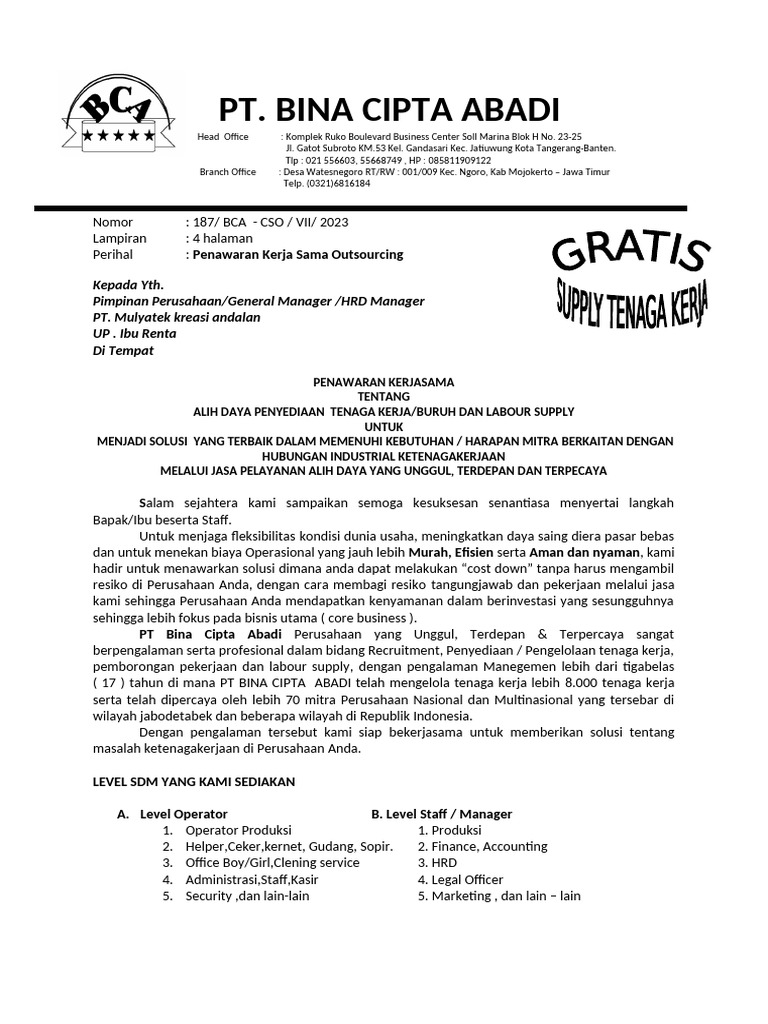 Penawaran Kerja Sama Outsourcing | PDF | Bisnis