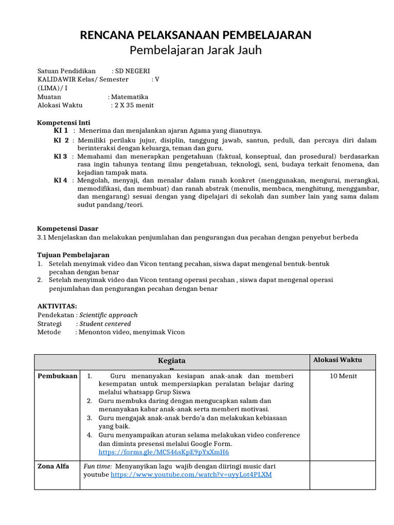 Contoh RPP MTK | PDF