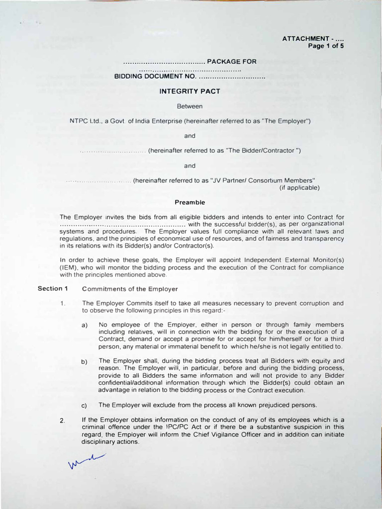 Pre Signed Integrity Pact | PDF | Employment | Business