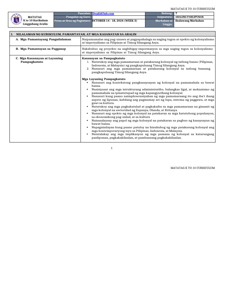 DLL Matatag - Araling Panlipunan 7 Q2 W3 | PDF