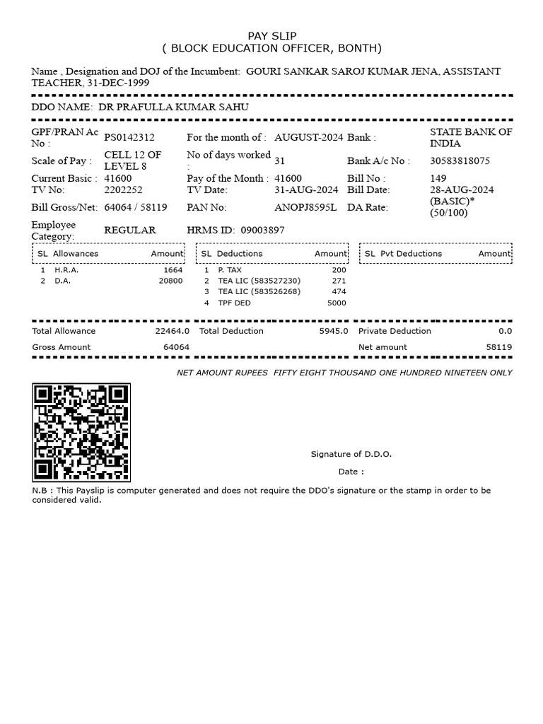 Pay Slip (Block Education Officer, Bonth) | PDF