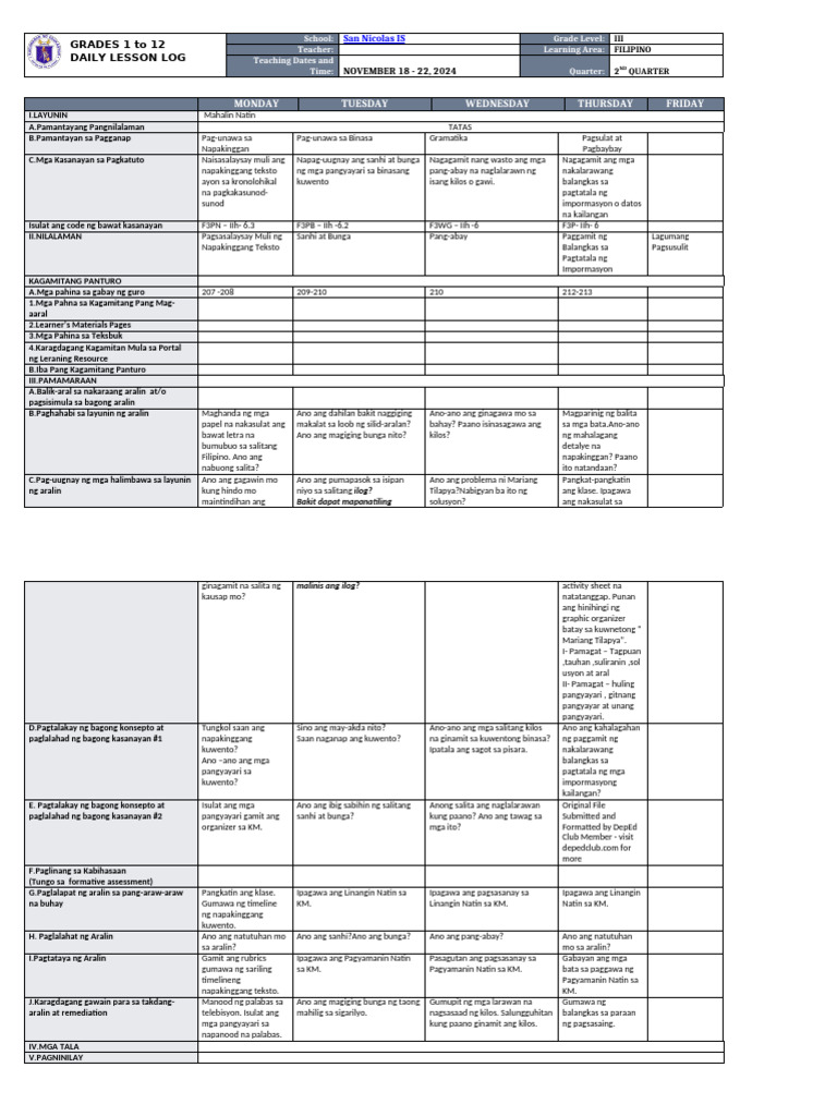 DLL - Filipino 3 - Q2 - W8 | PDF