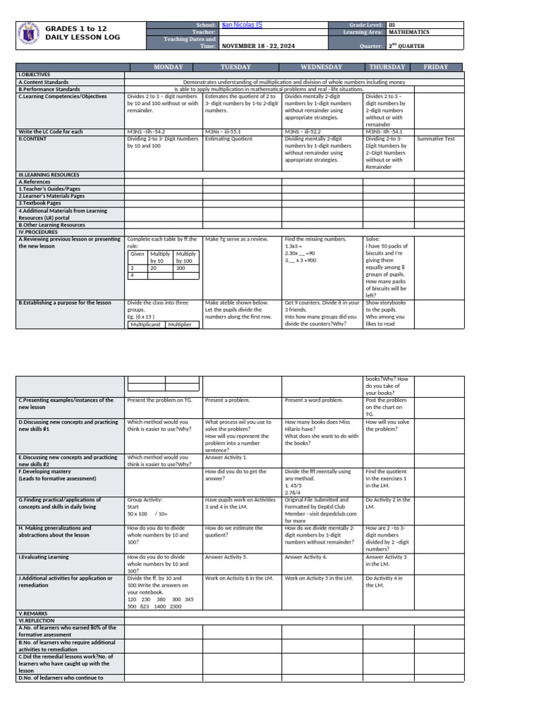 DLL - Mathematics 3 - Q2 - W8 | PDF | Learning | Cognitive Science