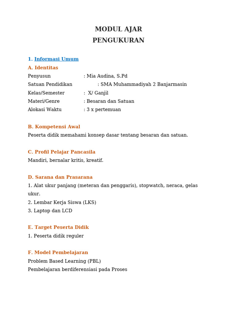 Modul Ajar Pengukuran Besaran Satuan | PDF