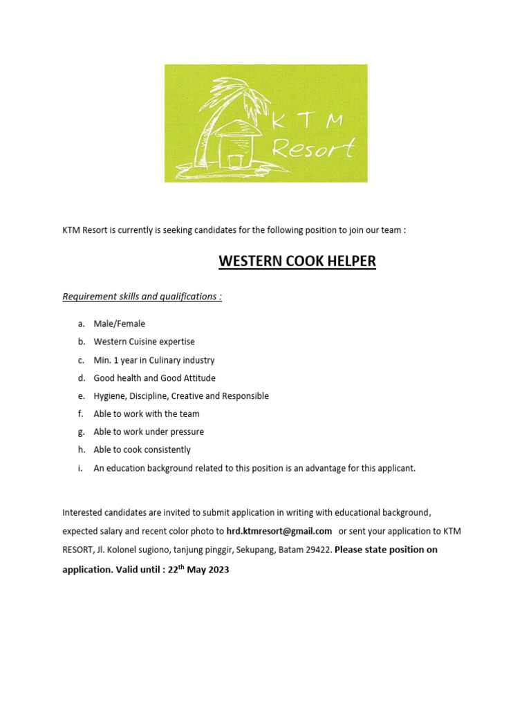 Lowongan Western Cook Helper 2023 | PDF