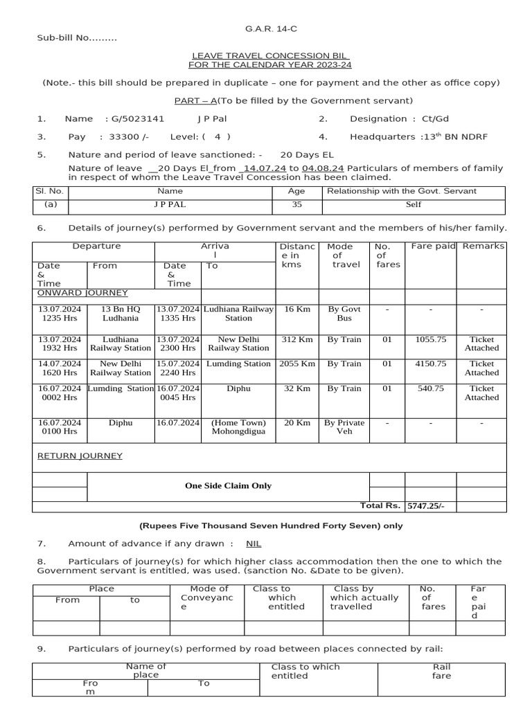 LTC Claim Form | PDF | Land Transport | Passenger Rail Transport