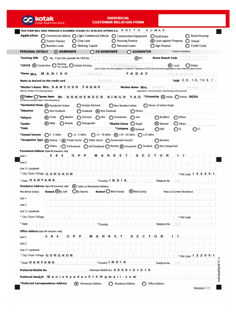 Kotak Editable CKYC Individual Customer Relationship Form Ver 1.1 | PDF | Banks