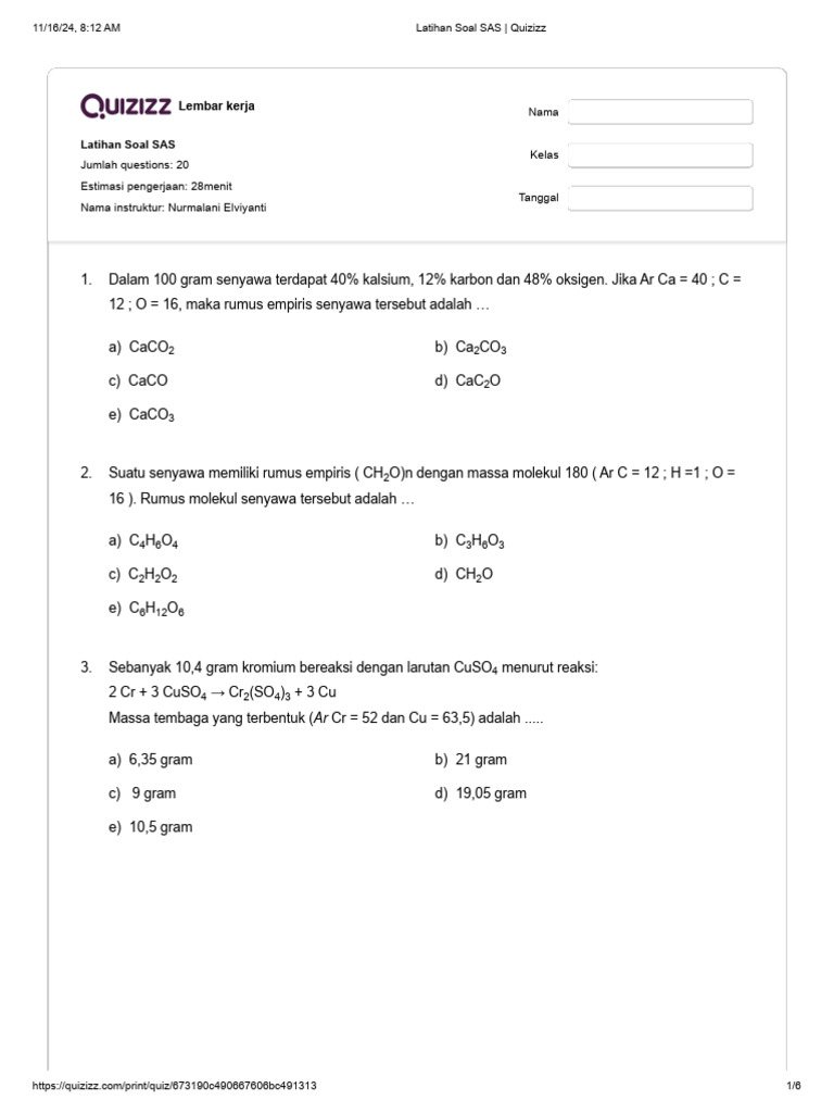 Latihan Soal SAS - Quizizz XI | PDF