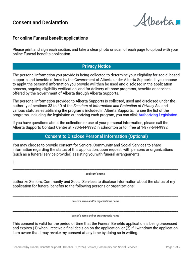 Consent and Declaration: For Online Funeral Benefit Applications | PDF ...