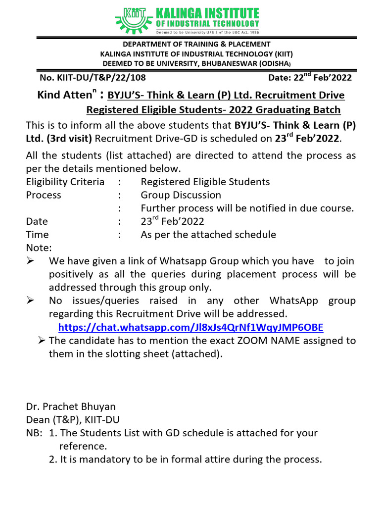 BYJU’S Recruitment Drive for KIIT Students | PDF