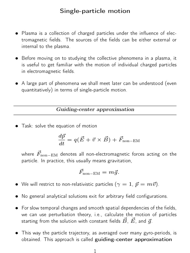 Single-Particle Motion: Guiding-Center Approximation | PDF | Plasma (Physics) | Ionization