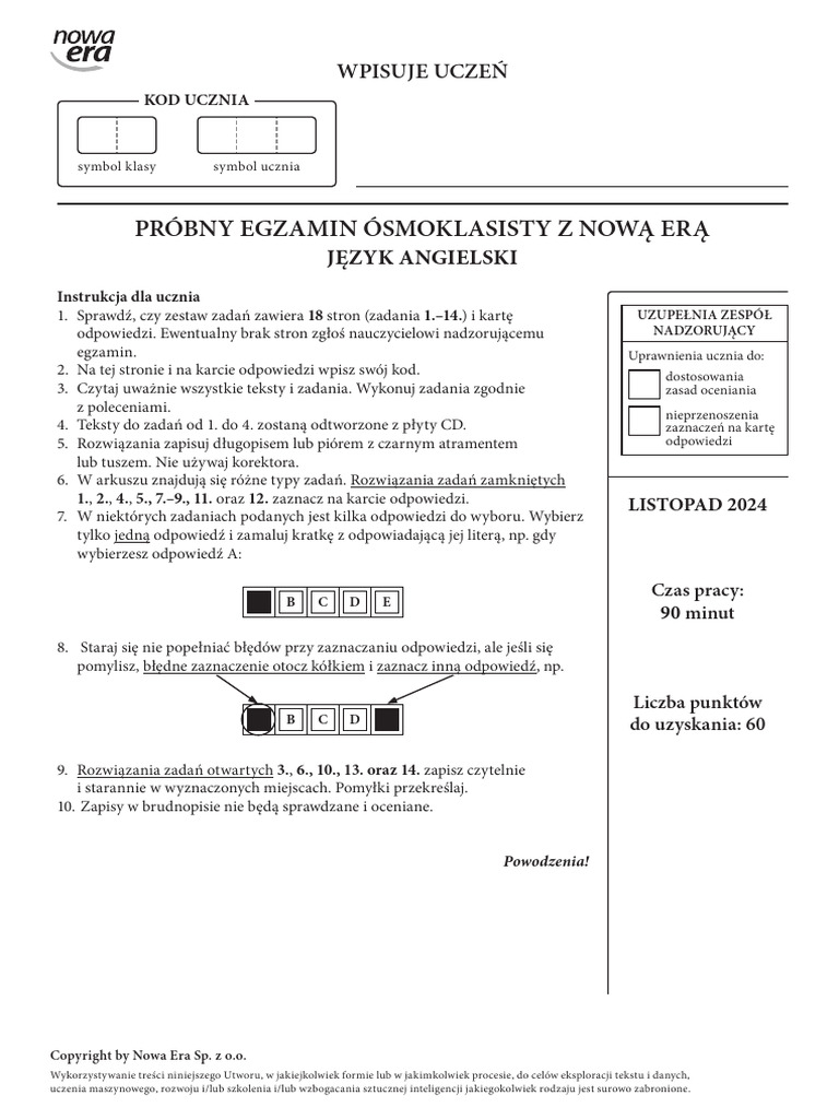 Arkusz J Angielski E8 2024 | PDF