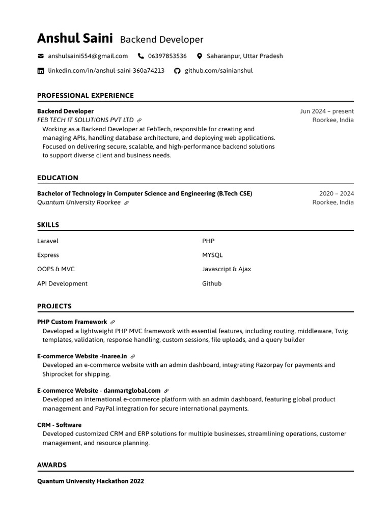 Backend Developer Anshul Saini Profile | PDF | Business | Computers