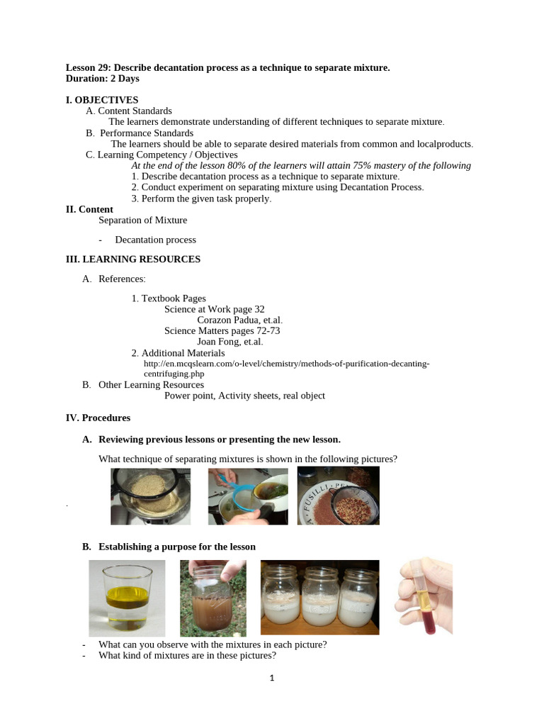 1st Quarter Lesson 29 Describe Decantation As A Technique To Separate Mixtures | PDF | Mixture ...