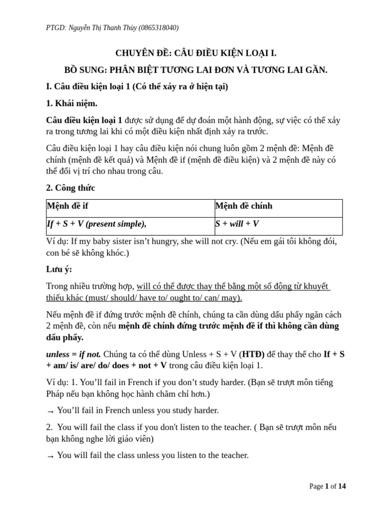 Câu điều kiện loại I, bsung TLĐ, TLG | PDF