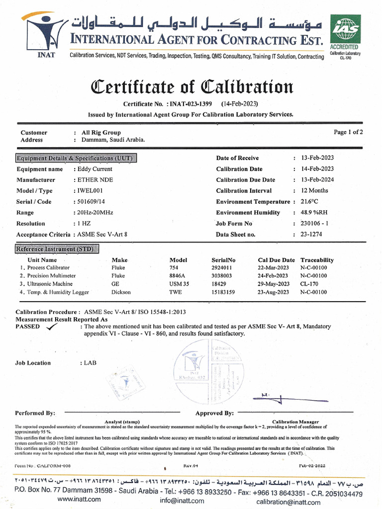 Cal Certificate From Inat | PDF