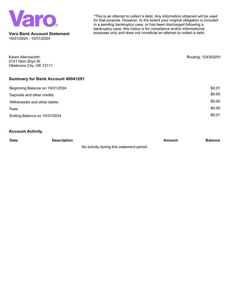 Varo Bank Account Statement | PDF | Banks | Debits And Credits