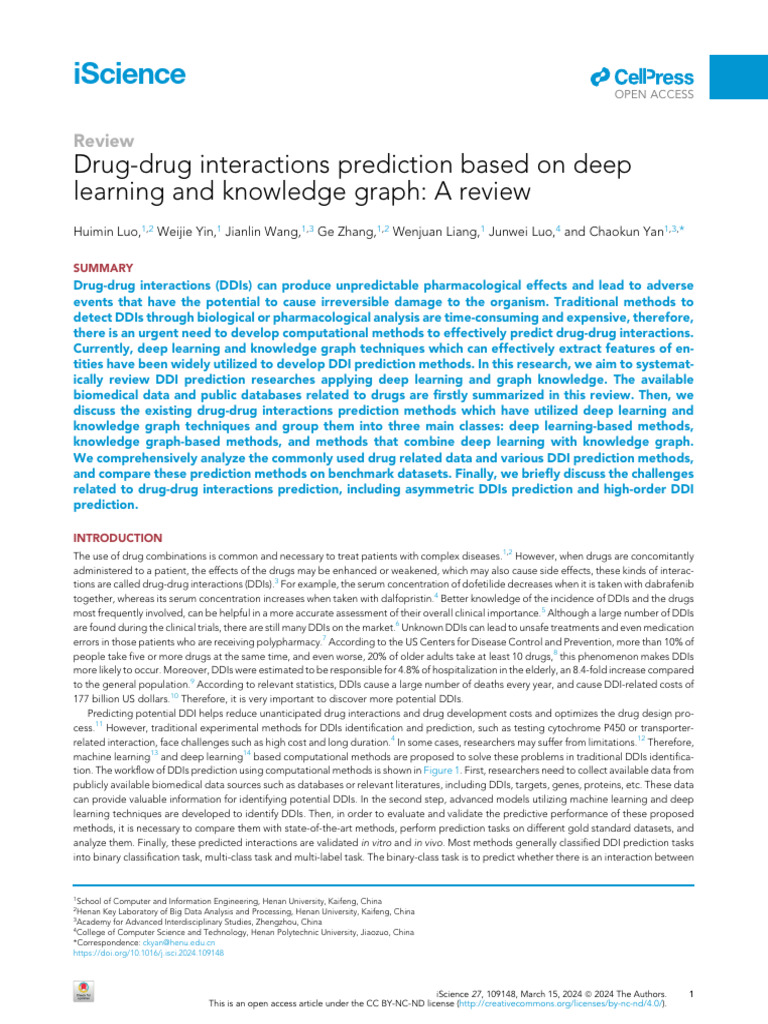 Drug-Drug Interactions Prediction Based On Deep Learning and Knowledge Graph | PDF | Deep ...