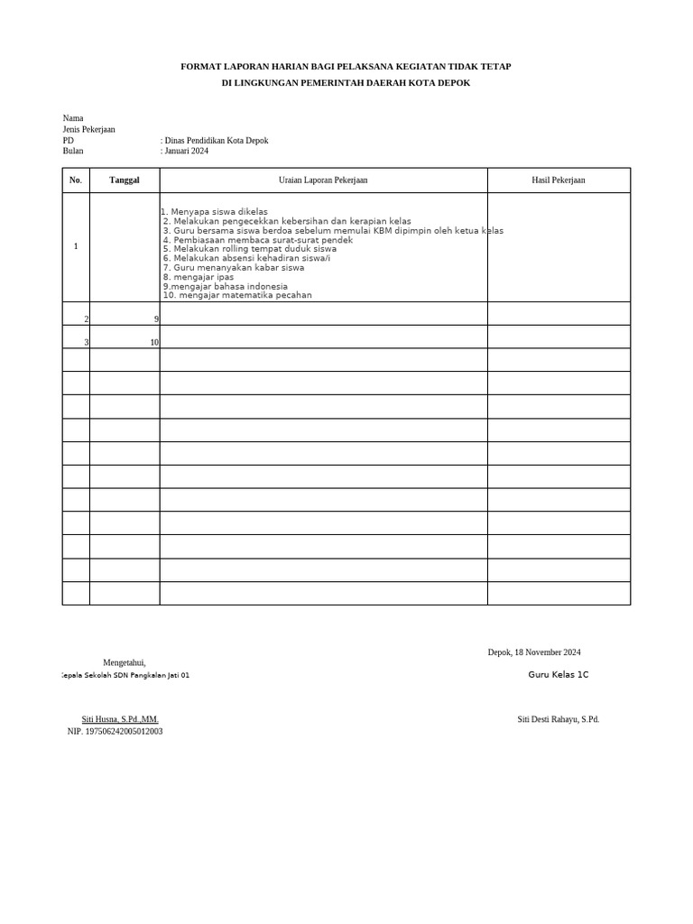 Laporan Harian Guru Depok | PDF