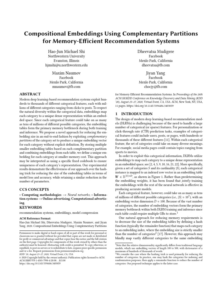 Compositional Embeddings Using Complementary Partitions For Memory-Efficient Recommendation ...