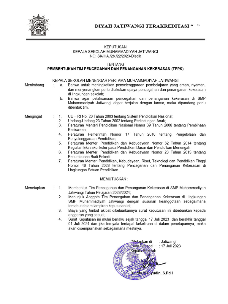 SK Tim Pencegahan Dan Penanganan Kekerasan Di Lingkungan Satuan Pendidikan | PDF