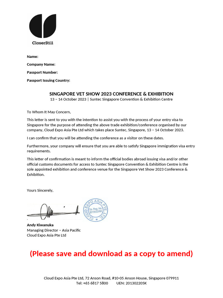 Singapore Vet Invitation Letter For Visa Application (Please Save and ...