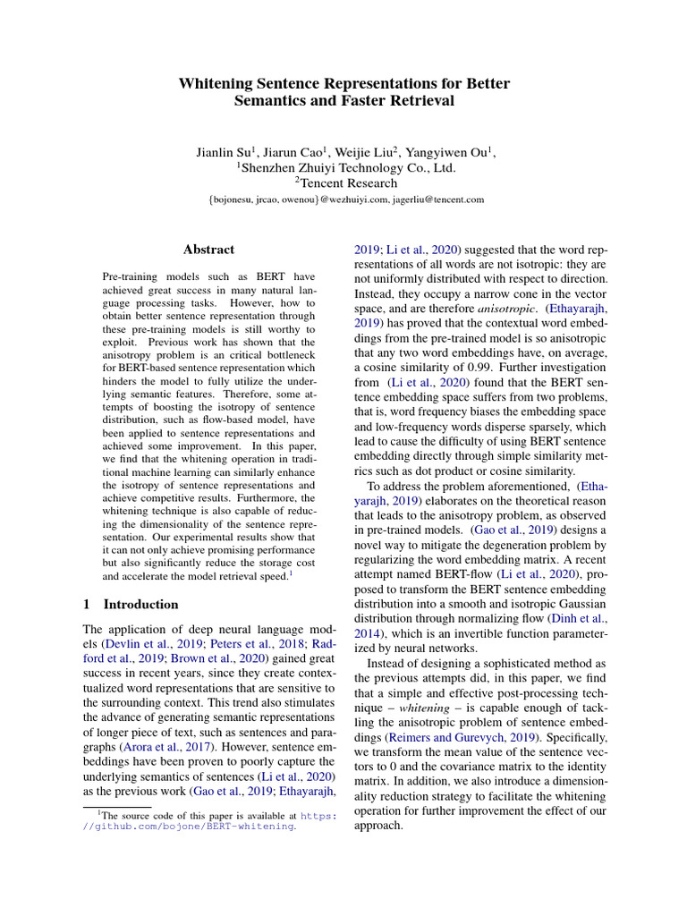 Whitening Sentence Representations For Better Semantics and Faster Retrieval | PDF | Matrix ...