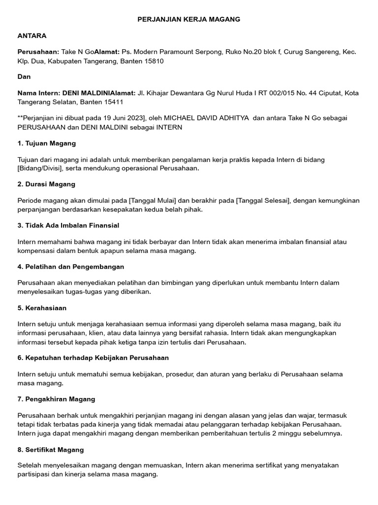 Perjanjian Kerja Magang | PDF