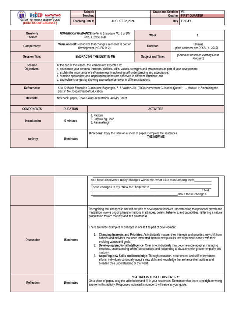 g6q1w1 Catch-Up Friday (Homeroom Guidance) | PDF | Self Awareness | Empathy