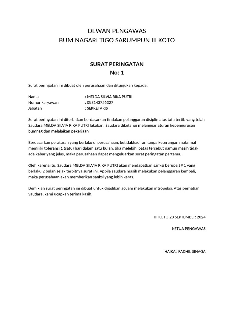 Contoh Surat Peringatan Karyawan Teguran | PDF